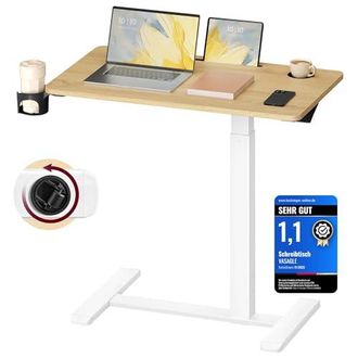 Vasagle Beistelltisch mit Rollen, mobiler Stehtisch, 80 x 45 cm gro&szlig;e Tischplatte, verstellbare H&ouml;he, 2 Getr&auml;nkehalter, Schlitz f&uuml;r Handy oder Tablet, goldeic