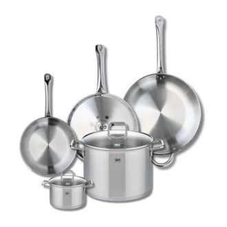 Fackelmann ELO 9511950 Batterie de cuisine 5 pièces, Ensemble de 3 Poêles de cuisson 24, 28 et 32 cm et 2 faitouts 14 et 26 cm Elo Profi Citrin, inox, induction,
