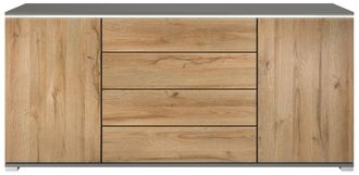 Vladon Sideboard Faro V2 - Kommode mit 2 T&uuml;ren & 4 Schubladen, Schrank mit LED Lichtleiste, Anthrazit matt/Eiche Natur (166,5 x 75,5 x 35)