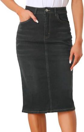 Allegra K Jupe en Jean d&eacute;contract&eacute;e pour Femmes, Taille Haute, Extensible, mi-Longue Noir XL