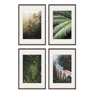 Photolini Cadre 40x60 bois MDF ch&ecirc;ne fonc&eacute;, cadre 40x60 lot de 4 avec passe-partout pour posters et affiches, verre acrylique incassable, cadre photo 60x40 &agrave; su