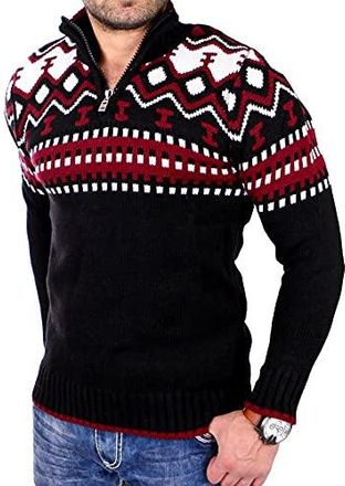 Reslad Pull dhiver en tricot à col rond et fermeture éclair pour homme - Pull norvégien RS-3110, noir/rouge, XL