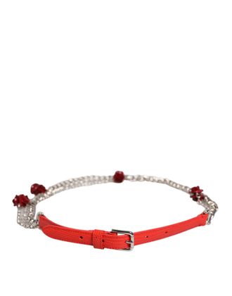 Dolce & Gabbana Womens Leather & Chain Floral Belt Red Real Brass Calf