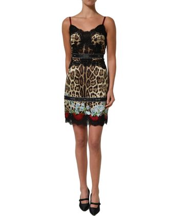 Dolce & Gabbana Womens Multicolor Floral Leopard Silk Lace Trim Mini Dress Cotton Elastane Nylon