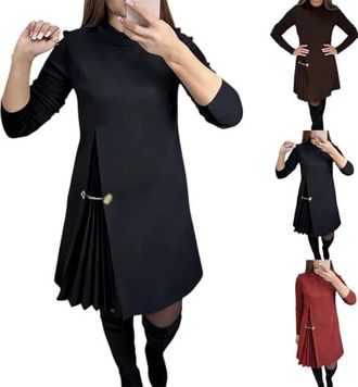 Generic Mini robe pliss&eacute;e &eacute;l&eacute;gante &agrave; manches longues et col rond et manches longues pour affaires d&eacute;contract&eacute;es, Noir, 3XL