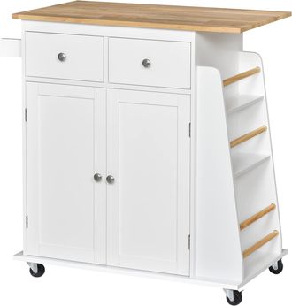 HOMCOM K&uuml;chenwagen mit Rollen, Rollwagen mit Seitenregal K&uuml;chentrolley, Servierwagen mit Gew&uuml;rzregal, K&uuml;chenhilfe, P2 MDF, Gummiholz, Wei&szlig;+Natur, 89 x 45 x 8