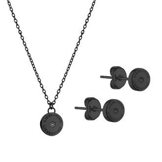 Liebeskind BERLIN Schmuck-Set mit Zirkonia-Stein - Halskette mit rundem Coin-Anh&auml;nger und kleinen Ohrsteckern - IP Schwarz - Ankerkette verstellbar bis 45 cm - w