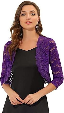 Allegra K Boléro Femme Élégant en Dentelle Floral à 3/4 Manches Cardigan Transparent à Haussement dÉpaule Boléro pour Mariage et Fête Gilet Court Léger Devant O