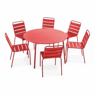 Oviala Oviala - Ensemble table de jardin ronde et 6 chaises en m&eacute;tal rouge - Palavas