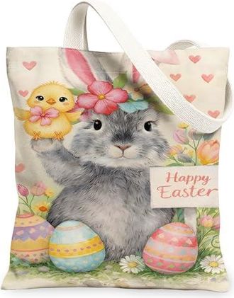 Generic Sacs fourre-tout en toile motif lapin de P&acirc;ques, motif poussin floral, sacs d&eacute;picerie, sacs d&eacute;picerie r&eacute;utilisables, vintage, l&eacute;gers, lavables, Multic
