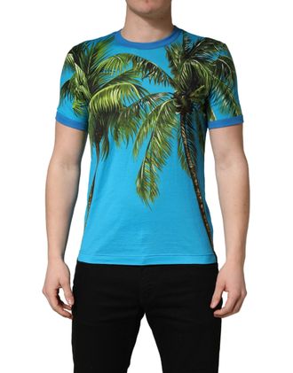 Dolce & Gabbana Mens Blue Palm Tree Print Cotton Crewneck T-Shirt