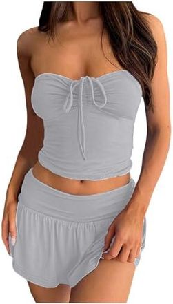 Generic Y2k 2 Pièces Pour Femme Bandeau Tube Top Sans Bretelles Et Jupe Dété Tenue Haut Sexy Avec Cordon De Serrage Jupes Taille Basse Quotidien Pas Cher Casu