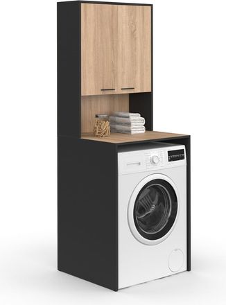IDMarket Waschmaschinenoberschrank Wallis mit schwarzem Schrank und Holz in Buchenoptik