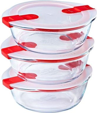 Pyrex Set von 3 Lunchboxen - PYREX - Cook & Heat - Glas - Rund - Deckel mit speziellen Dampfl&ouml;chern f&uuml;r die Mikrowelle - 1,1 L