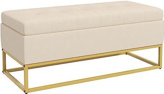 HOMCOM Banc de rangement avec couvercle &agrave; charni&egrave;re, aspect velours, coffre avec pieds en acier, pour salon, chambre &agrave; coucher, beige, 110 x 44 x 49 cm