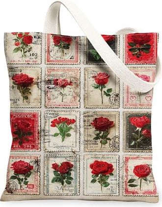 Generic Sacs fourre-tout vintage en toile &agrave; motif floral artistique, sacs d&eacute;picerie r&eacute;utilisables, l&eacute;gers et lavables avec bandouli&egrave;re en toile pour, Rouge, 1