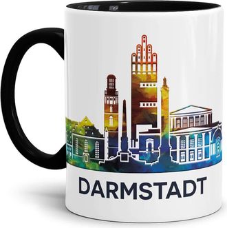 Tassendruck Darmstadt-Tasse Skyline - Kaffeetasse/Silhouette/Souvenir/Städte-Tasse/Mug/Cup/Becher/Beste Qualität - 25 Jahre Erfahrung - Innen & Henkel Schwarz