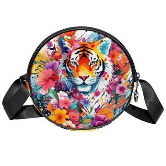 Generic Petit sac &agrave; bandouli&egrave;re rond pour femme, motif fleurs de tigre, sac &agrave; dos &agrave; bandouli&egrave;re r&eacute;glable avec fermeture &eacute;clair, sac &agrave; main rond d&eacute;contract&eacute; po