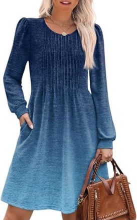 Generic Mini robe boh&egrave;me ombr&eacute;e &agrave; manches longues et col rond pour femme, robe d&eacute;contract&eacute;e fluide avec poches lat&eacute;rales, douce, extensible, confortable, robe
