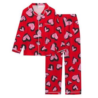Generic Ensemble de pyjama 2 pi&egrave;ces en satin de soie avec imprim&eacute; coeur pour femme - Chemise &agrave; manches longues avec pantalon - Grande taille - V&ecirc;tement de d&eacute;t