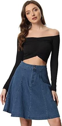 Allegra K Jupe en Jean mi-Longue décontractée plissée évasée Taille Haute pour Femmes Bleu foncé XL