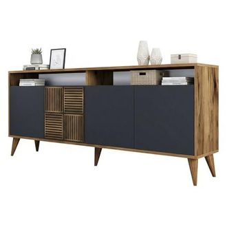 Dmora Konsolentisch Virgo, Wohnzimmer-Sideboard, niedriger TV-Schrank, ausgestatteter Wandsockel, 180 x 35 h79 cm, Walnuss und Anthrazit
