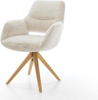 DELIFE Drehstuhl Yago-Flex mit Armlehnen Pl&uuml;sch Creme-Wei&szlig; Holzgestell kantig Natur 360&deg; drehbar Taschenfederkern, Esszimmerst&uuml;hle