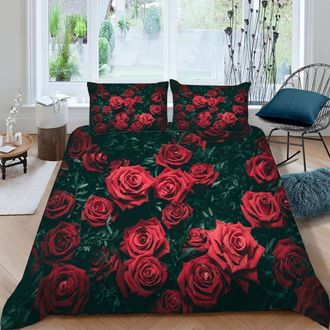Generic Rote Rose Bettw&auml;sche 140x200 Rote Blumen Bettw&auml;sche Set, 3D Bettbezug Set Weich Microfaser Bettbez&uuml;ge 3 Teilig Blumen Wendebettw&auml;sche f&uuml;r Kinder Erwac