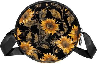 Generic Sac &agrave; bandouli&egrave;re rond pour femme, motif tournesols r&eacute;tro avec fermeture &eacute;clair, bretelles r&eacute;glables, sac &agrave; main rond d&eacute;contract&eacute; pour femmes et fille