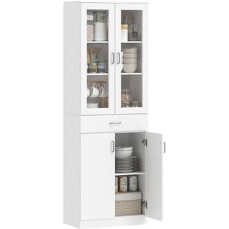 HOMCOM Buffet haut cuisine - HOMCOM - 4 portes dont 2 en verre, tiroirs, &eacute;tag&egrave;res r&eacute;glables - panneau de particules - 60x35x180cm - blanc