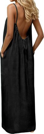 Generic R&uuml;ckenfreies Kleid Damen Cami Kleid Sommerkleid L&auml;ssiges &Auml;rmelloses Maxikleid mit Spaghettitr&auml;gern Falten und lockerer Strandkleid R&uuml;ckenfrei f&uuml;r Stra