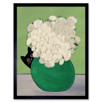 Wee Blue Coo Vincent Van Gogh Style Vase of Flowers with Black Cat Art Print Framed Poster Wall Decor 12x16 inch