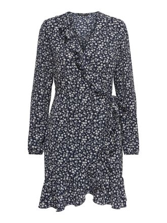 Only Damen Onlcarly L/S Wrap Short Dress Noos WVN Kleid, Night Sky/White Flowers, XS EU