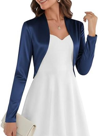 Belle Poque Bol&eacute;ro vintage en satin &agrave; manches longues ouvert sur le devant avec ourlet fronc&eacute; pour femme, bleu marine, S