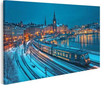 Islandburner Bild auf Leinwand Winterabend in Stockholm mit Zug f&uuml;r Wohnzimmer Kunstliebhaber Kunst Bilder Wandbilder Poster