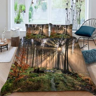 Generic Wald Bettw&auml;sche 155x200 3D Drucken Morgenlicht Bettw&auml;sche-Sets Weiche Kuschelig Mikrofaser Bettbezug mit 2 Kissenbez&uuml;ge 80x80 cm mit Rei&szlig;verschluss b-