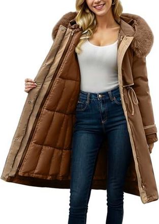 Generic Manteau dhiver long &agrave; capuche pour femme en patchwork amovible 2026, caf&eacute;, XXL