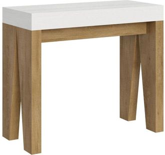 Les Tendances Console extensible blanche pieds bois naturel 8 personnes 40 &agrave; 196cm Naxo-Support 2 pieds