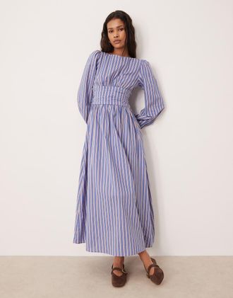 Glamorous Robe longue &agrave; manches bouffantes et taille cintr&eacute;e - Bleu &agrave; rayures orange-Multicolore