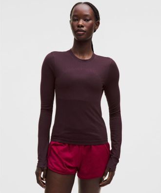 lululemon Swiftly Langarmshirt aus Wolle f&uuml;r Frauen - Gr&ouml;&szlig;e 10 in Black Plum