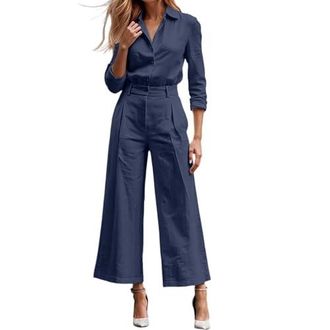 Generico Georgette Combinaison 2 pi&egrave;ces &eacute;l&eacute;gante pour femme &agrave; manches longues avec poches coupe ample et pantalon, bleu marine, XXL