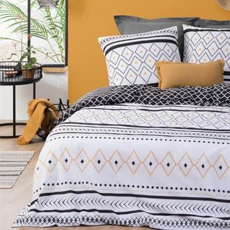 Atmosphera Atmosphera - Parure de lit imprim&eacute;e Etniss - Percale - Noir et Blanc - 240x220 cm