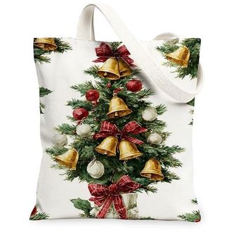 Generic Sacs fourre-tout en toile de No&euml;l, motif arbre et cloche, sacs d&eacute;picerie r&eacute;utilisables, l&eacute;gers et lavables avec bandouli&egrave;re pour le shopping, les voya
