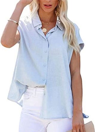 TOMWELL Femme Chemisier Tops Col en V Couleur Unie Chemisier Bouton D&eacute;contract&eacute; &agrave; Manches Courtes pour Femmes Casual L&acirc;che Blouse Chemise Elegant Shirt Hauts 