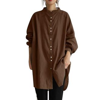 Generic Hauts d&eacute;t&eacute; amples en coton et lin pour femmes, col boutonn&eacute;, manches longues, habill&eacute;, d&eacute;contract&eacute;, tunique ample 2026, v&ecirc;tements tendance, caf&eacute;, XXL