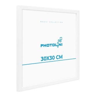 Photolini Bilderrahmen 30x30 Weiß MDF-Holz Poster-Bilderrahmen quadratisch 30x30, bruchsicheres Acrylglas, zum Aufhängen, extra Zubehör - für Fotos & Poster