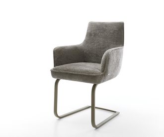 DELIFE Freischwinger Heira-Flex mit Armlehnen Boucl&eacute; Soft Schlamm Freischwinger flach Effektfinish Titan Taschenfederkern, Esszimmerst&uuml;hle