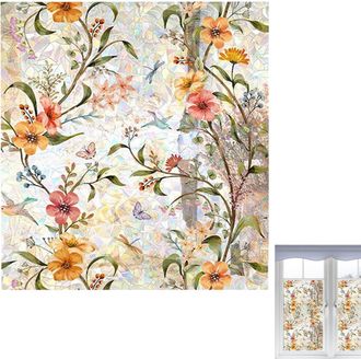 Generic Farbenfrohe Fensterfolie - Statische Sichtschutzfolie Regenbogen Blumenmuster UV Schutzfolie mit wiederverwendbarer App | Ideal f&uuml;r Wohnzimmer, K&uuml;che,
