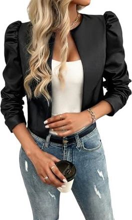 Generic Veste courte en similicuir à manches longues pour femme - Boléro ouvert sur le devant - Haut de travail dautomne, Noir, XL