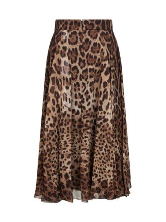 Dolce & Gabbana Womens Chiffon Full Skirt, Leopard Print Multicolour Silk